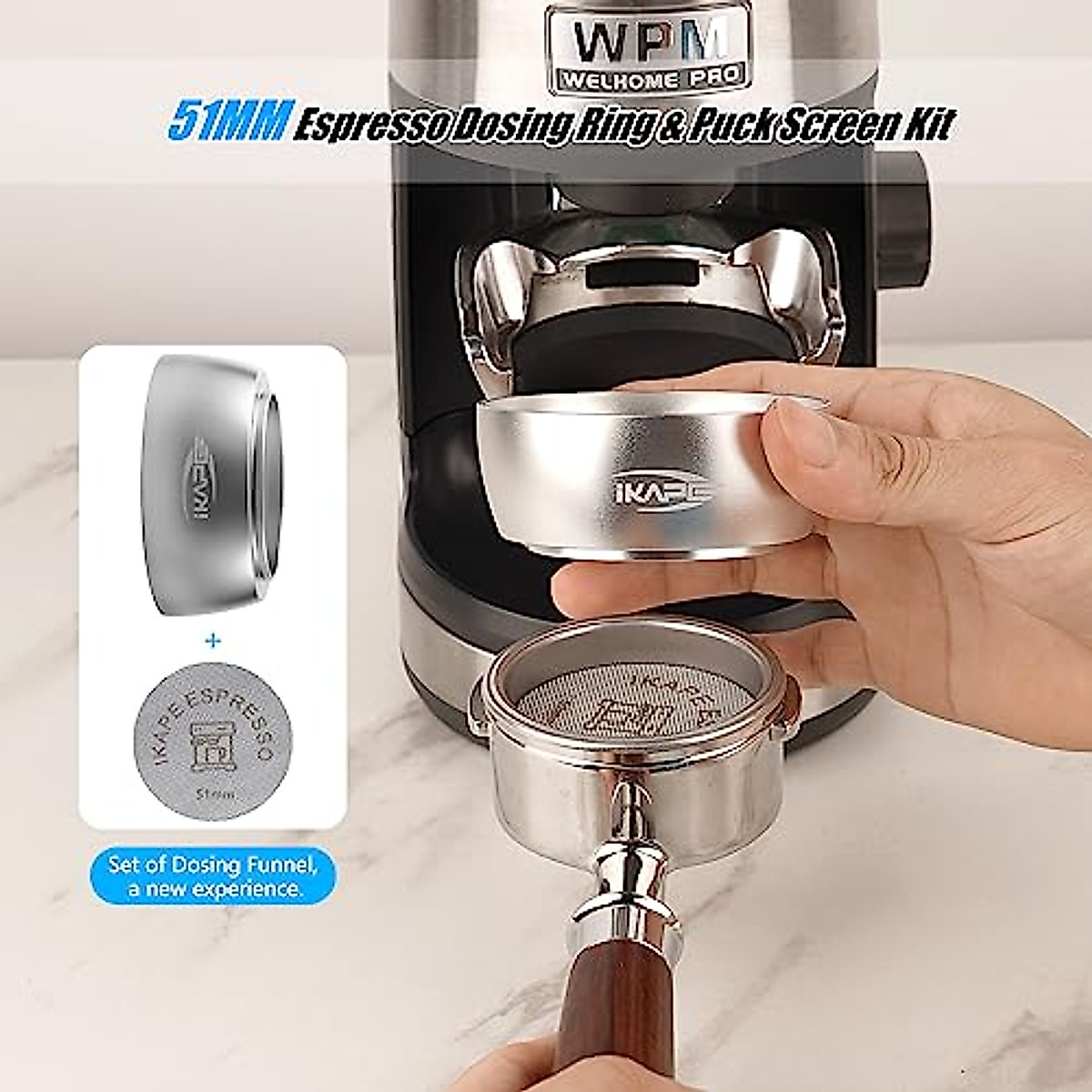 IKAPE Magnetic Dosing Funnel Set, 51MM Espresso Dosing Ring & Puck Screen Kit Compatible with Delonghi 51MM Bottomless Portafilter - with 8 Small Magnet (Silver)