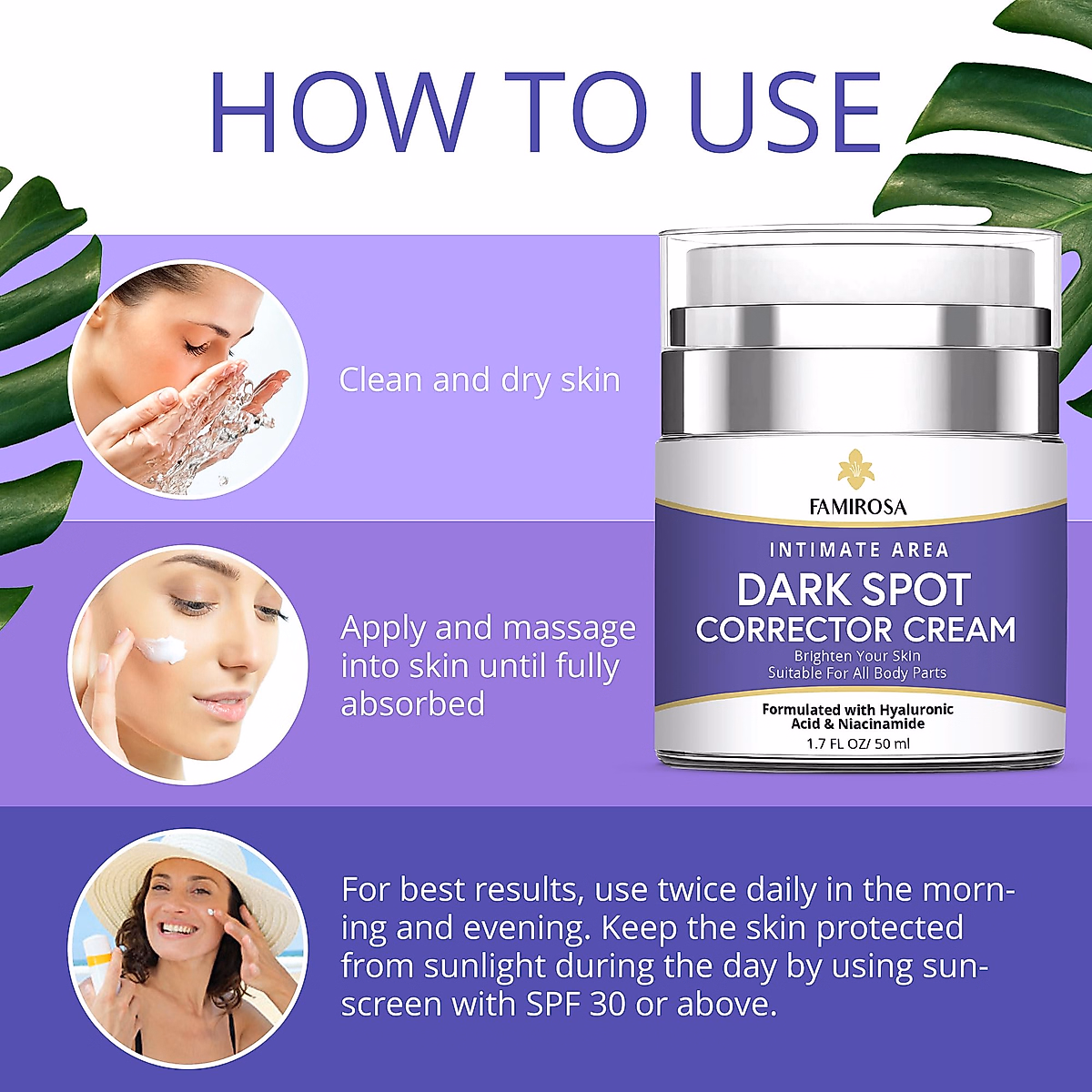 Famirosa Dark Spot Corrector Cream-Underarm Cream for Armpit, Neck, Knees, Elbows, Inner Thigh, Private Parts- Intimate Skin Cream- Formulated with Hyaluronic Acid, Niacinamide and Vitamin C-50 ml