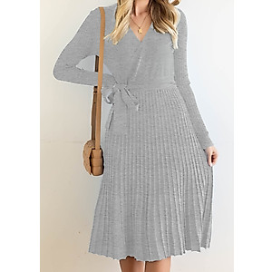 ZESICA Women's Fall Long Sleeve Wrap V Neck Ribbed Knit Pleated A Line Pullover Sweater Dress with Belt,Grey,Small