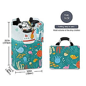 Rabbit Hare on Ship Dolphin Sea Turtle Fishes Octopus Turquoise Ocean Laundry Hamper Basket Bucket, Foldable Dirty Clothes Bag, Waterproof Fabric Washing Bin, Toy Storage with Handles for Bathroom