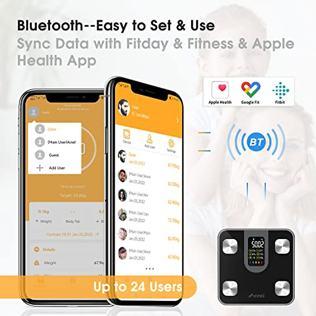 FIRINER Bluetooth Body Fat Scale with Large Display Digital Smart Scale for Body Weight and Fat BMI Heart Rate Composition 15 Body Composition Analyzer Sync with Fitness App