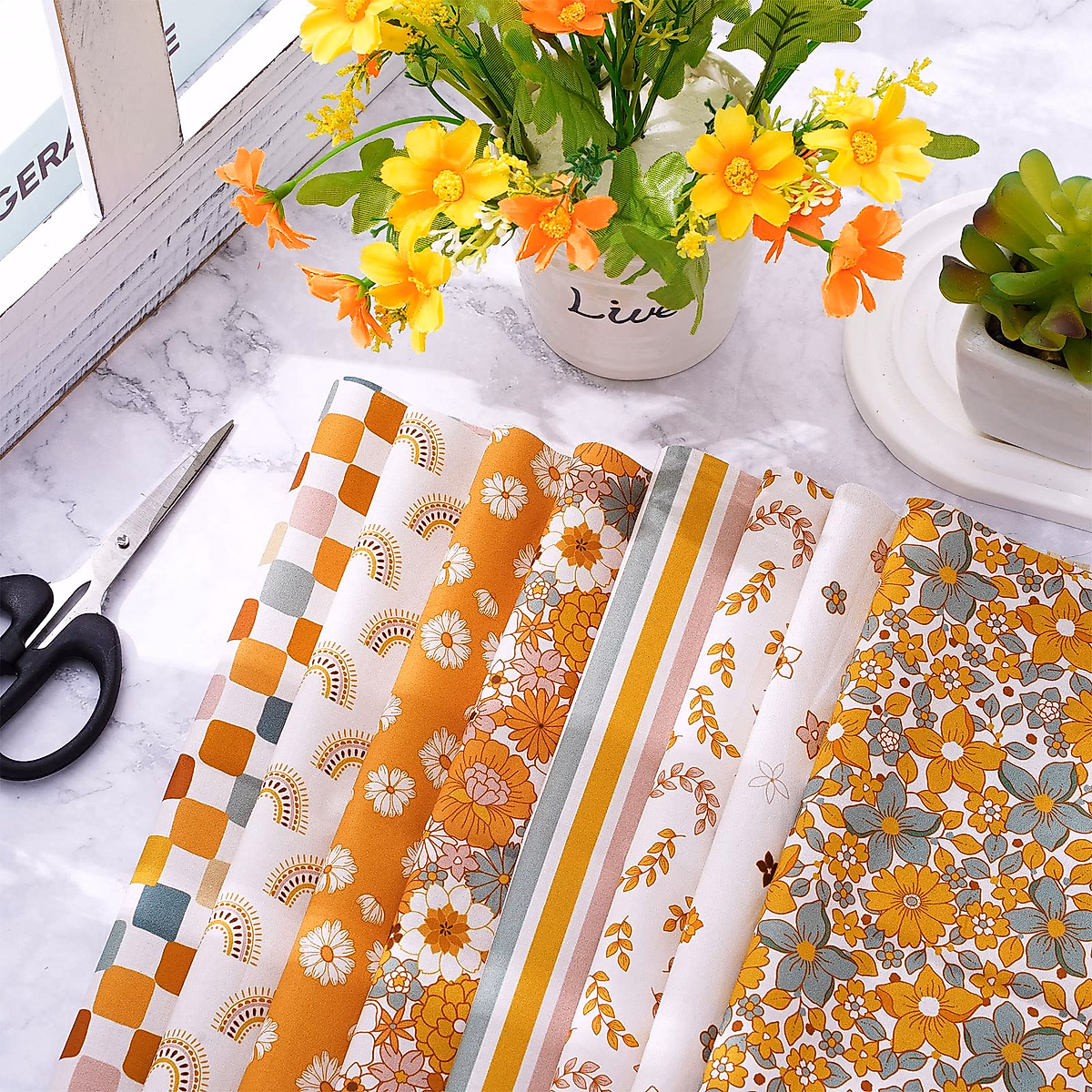 Whaline 8Pcs Boho Cotton Fabric Bundles 18 x 22 Inch Retro Floral Fat Quarters Boho Quilting Patchwork Squares Sewing Fabrics Boho Dress Apron Crafts for DIY Handmade Crafting Home Party Decor