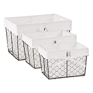 DII Farmhouse Chicken Wire Storage Baskets with Liner, Set of 3, Vintage Bleached White, Assorted Sizes, 3 Piece