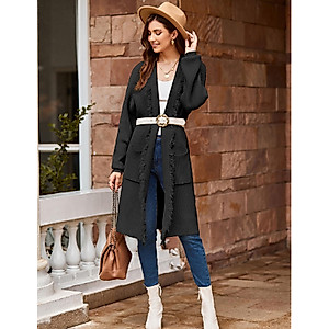 Women's Open Front Knit Cardigans Lapel Long Lantern Sleeve Chunky Knit Sweater Coat Cozy Slouchy Cardigan with Pockets(Black,XL)