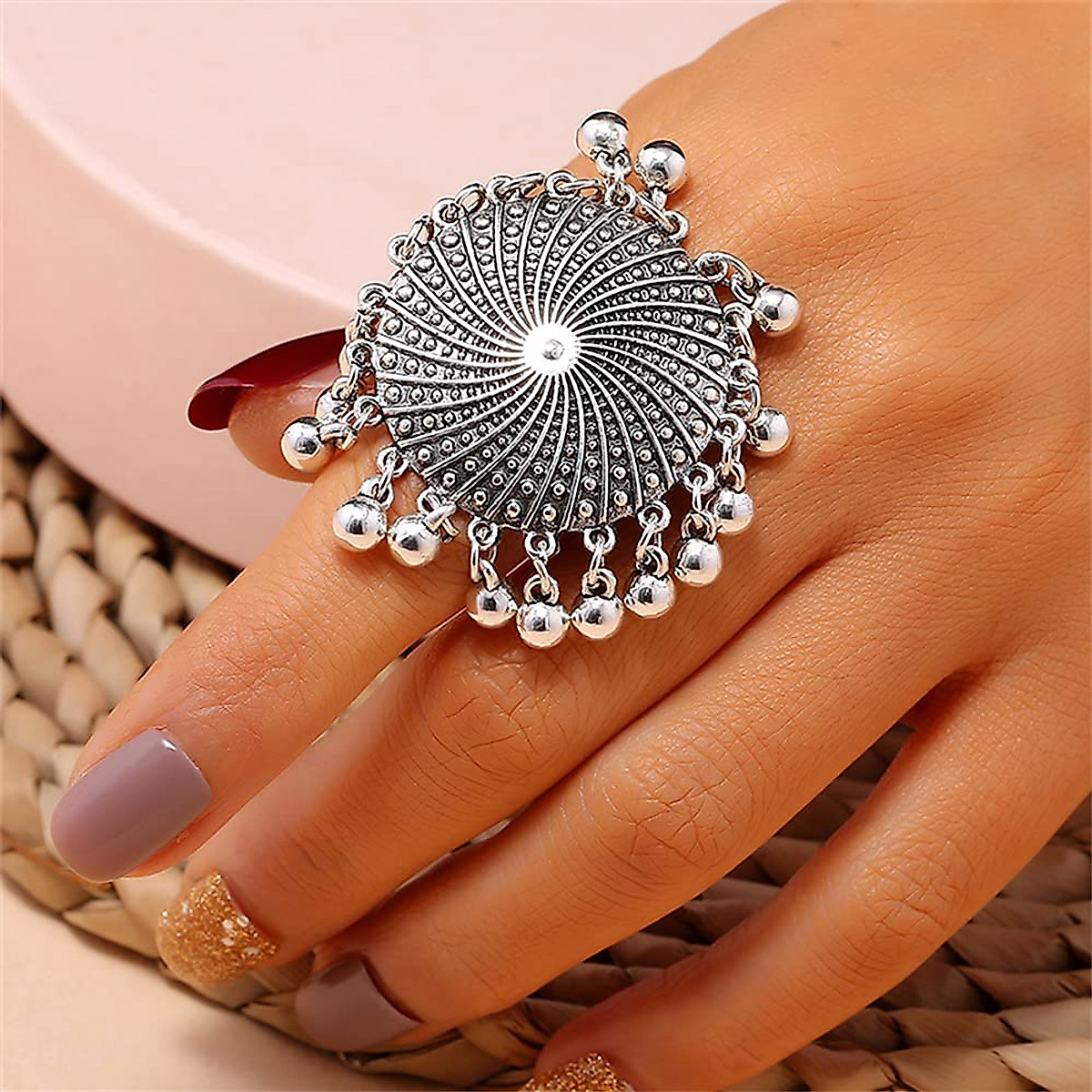 Dtja Boho Big Teardrop Statement Ring for Women Vintage Tassel Ball Bead Adjustable Open Band Cocktail Party Ring Comfort Fit Gypsy Indian Bollywood Peacock Tail Exaggerated Jewelry (Silver)