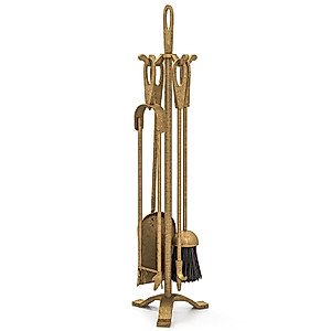 Tangkula 5 Pieces Fireplace Tool Set, Fireplace Accessories with Poker, Tongs, Brush, Shovel and Stand, Indoor Firepit Tool Set with Handles (Antique Copper)