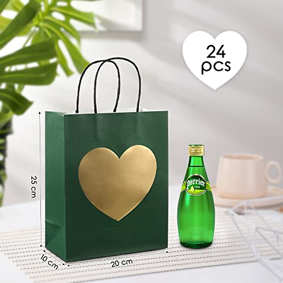 Sepamoon 24 Pcs Gift Bags with Glitter Gold Heart Print Paper Shopping Bag 8 x 10 x 4 Inch Paper Bags with Handles Bulk for Mother's Day Birthday Wedding Anniversary Holiday Party (Green)