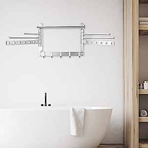 SKIKEN Wall-Mounted Laundry Drying Rack, 2 Swivel Rods with 6 Holes, Folding Organizer Rack for Laundry Room, Bathroom, Swivel Towel Rack/Drying Organizer, 5 Movable Hooks, Aluminum (Silver, 15.8")