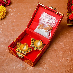 Desi Favor Lotus Diyas & Mishri Bliss Gift Box for Diwali Decoration | Traditional Diwali Gift Box + 2 Metal Diyas + Mishri Almonds for Family/Friends, Festive Diwali, Mandir, Puja, Pooja - 4 Pack
