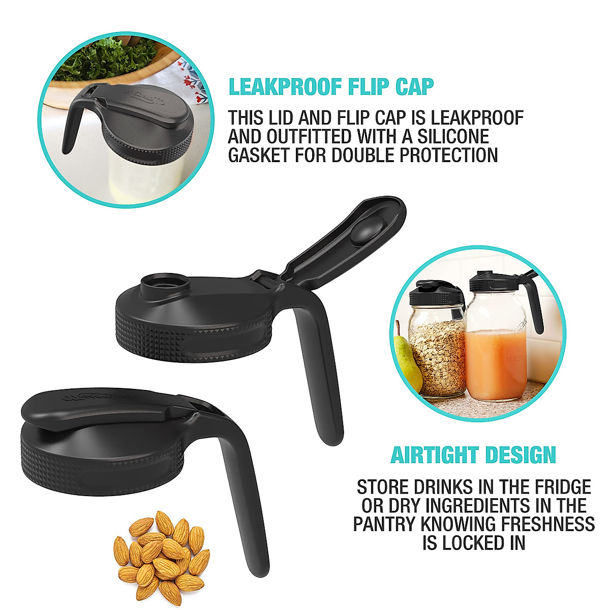 Masontops Multi Pour Top Mason Jar Lid with Handle - Wide Mouth Mason Jar Pour Spout Lid Pourer - Ball Mason Jar Pitcher Lid with Handle and Flip Cap