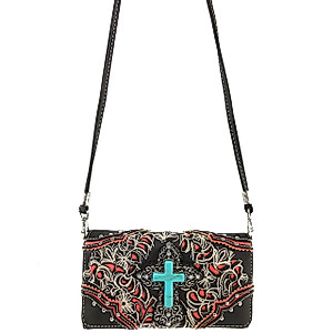 Zelris Design Western Country Cross Autumn Floral Crossbody Trifold Strap Wallet (Black)