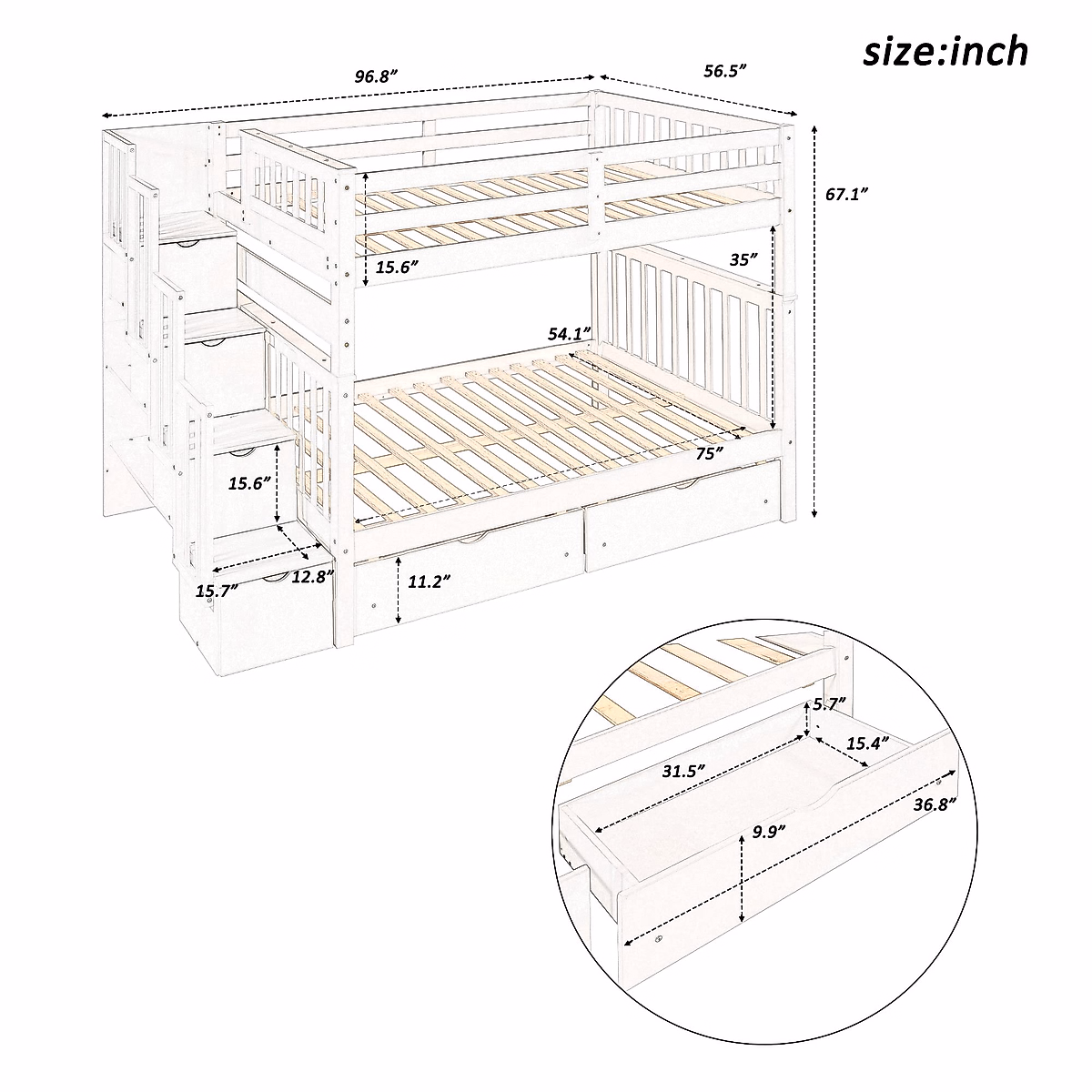 Full Over Full Bunk Bed with Shelves and 6 Storage Drawers, Solid Wooden Bunk Bed Frame with Storag Staircase, Safety Guardrail for Kids Teens Adults, No Box Spring Needed (White)