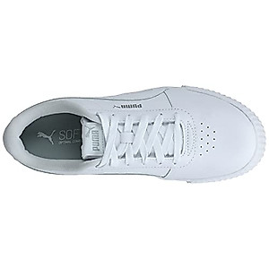 PUMA Womens Carina Leather Sneaker, PUMA Womens White-PUMA Womens White-PUMA Womens Silver, 6.5