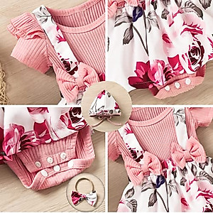Unutiylo Preemie Newborn Baby Girl Clothes Infant Ribbed Cotton Romper Bodysuit Floral Bowknot Suspender Dress + Sun Hat + Headband Premie Spring Summer Outfits Ruffle Short Sleeve Short Set Pink