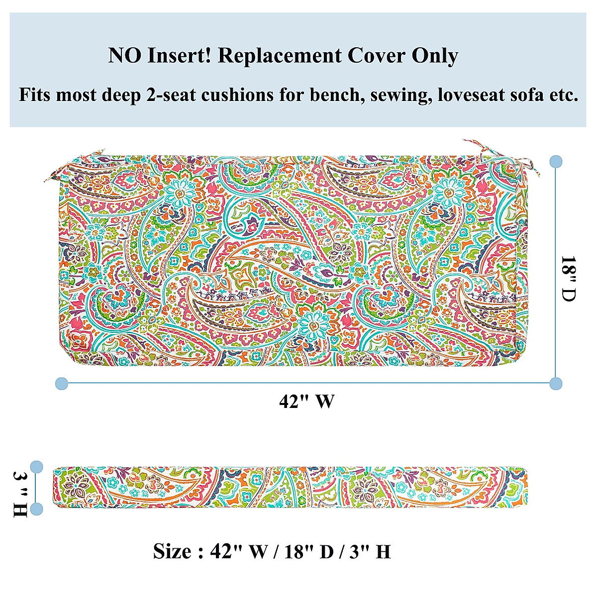 FUNHOME Outdoor Cushion Covers,42" x 18" x 3", No Insert! Patio Cushion Covers Replacement for Outdoor Furniture,Water Resistant Patio Bench Loveseat Cushion Covers 1 Pack, Melora Paisley(Covers ONLY)