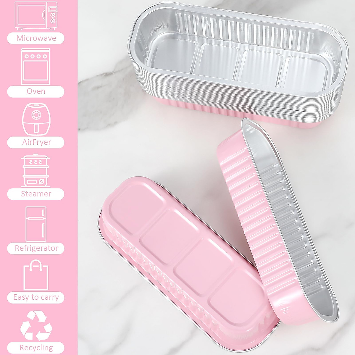 JuneHeart Mini Loaf Pans with Lids and Spoons, 100 Pack, Pink, 6.8oz, Rectangular Aluminum Foil Baking Pans