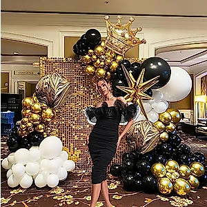 Black and Gold white balloon garland arch kit 136Pcs with Starburst crown 4D Agate balloons for birthday anniversary graduation prom party decorations
