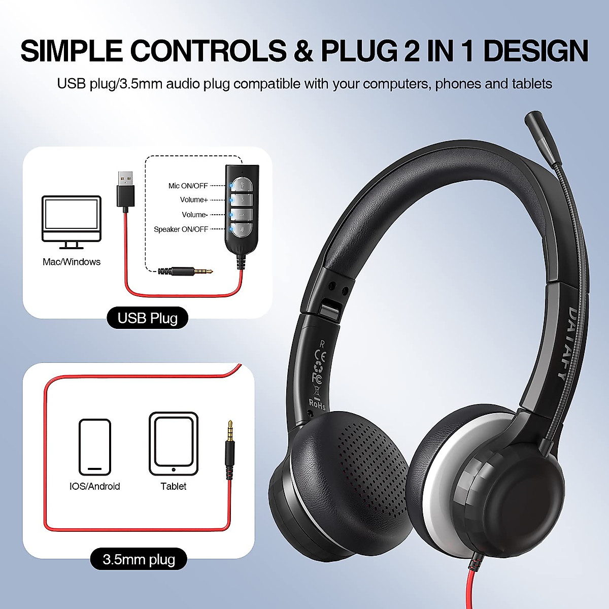 DATAFY USB Headset with Microphone for PC, in-line Wired Computer Laptop Headphones with Noise Cancelling Microphone, Business Headset for Home Office, Online Class Skype Zoom, Foldable On Ear Design
