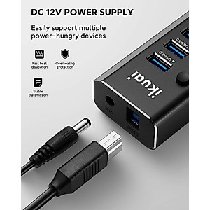 ikuai 5 Ports USB Hub with 4 USB Data Ports & 1 Fast Charging Port(12V/2A Power Adapter)+10 Ports USB 3.0 Hub with 12V 3A Power Adapter