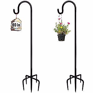 Artigarden 60 inch Outdoor Shepherd Hook with 5 Prong Base (2 Packs), Adjustable Heavy Duty Garden Hanging Stake for Bird Feeder Solar Light Plant Hanger Wedding Decor, Matte Black