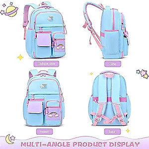 BYXEPA Girls Backpack, School Kids Backpacks for Girls, Cute Book Bag with Compartments for Girl Kid Students Elementary School, Kids' School Bag, Solid Blue