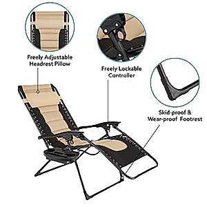 Naomi Home Oversized Zero Gravity Folding Lounge Chair, Padded Reclining Patio Chair with Adjustable Headrest and Cupholders, Recliner Beach Chairs for Adults Support 300lbs - Cream