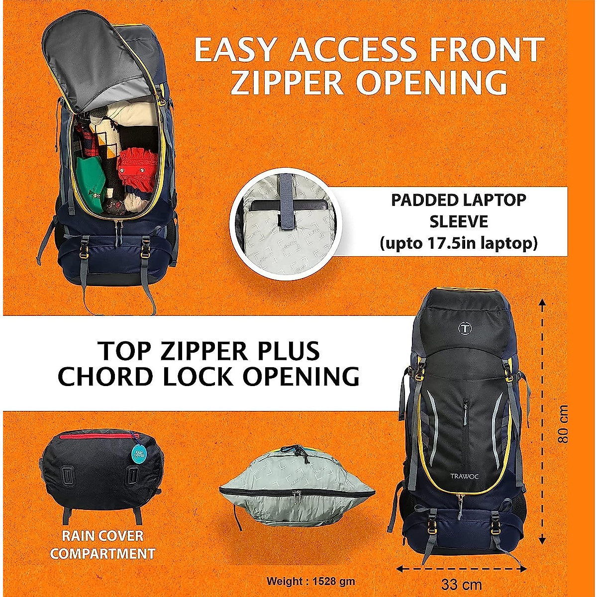 TRAWOC 65 Liter Internal Frame Trekking Hiking Backpack Travel Bag Front & Top Loading Rucksack/Water Proof Rain Cover/Shoe Compartment, HK010