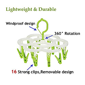 Clothespin Rack Laundry Drying Rack,Clothes Hangers with 16 Clips,Clip Hanger Drip Hanger for Drying Underwear,Baby Clothes,Socks,Bras,Towel,Pants,Hat,Scarf,Cloth Diapers,Gloves (Green)