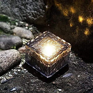 HORING Solar Glass Brick Light - Solar Ice Cube LED Light - Crystal Brick Stone Lamp Garden Courtyard Pathway Patio Pool, Decorative Christmas Festives Ice Rock Cube Lights (4PCS Warm White)