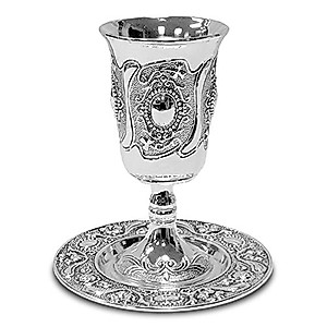 Ner Mitzvah Tall Kiddush Cup and Tray - Premium Quality Silver Plated Goblet With Stem - Shabbat and Havdalah Goblet - Judaica Shabbos and Holiday Gift