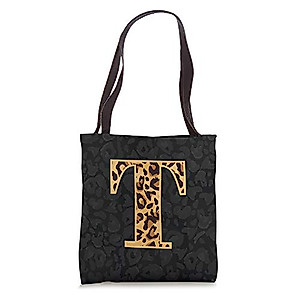 Cheetah Print Letter T Leopard Initial Women Girls Tote Bag
