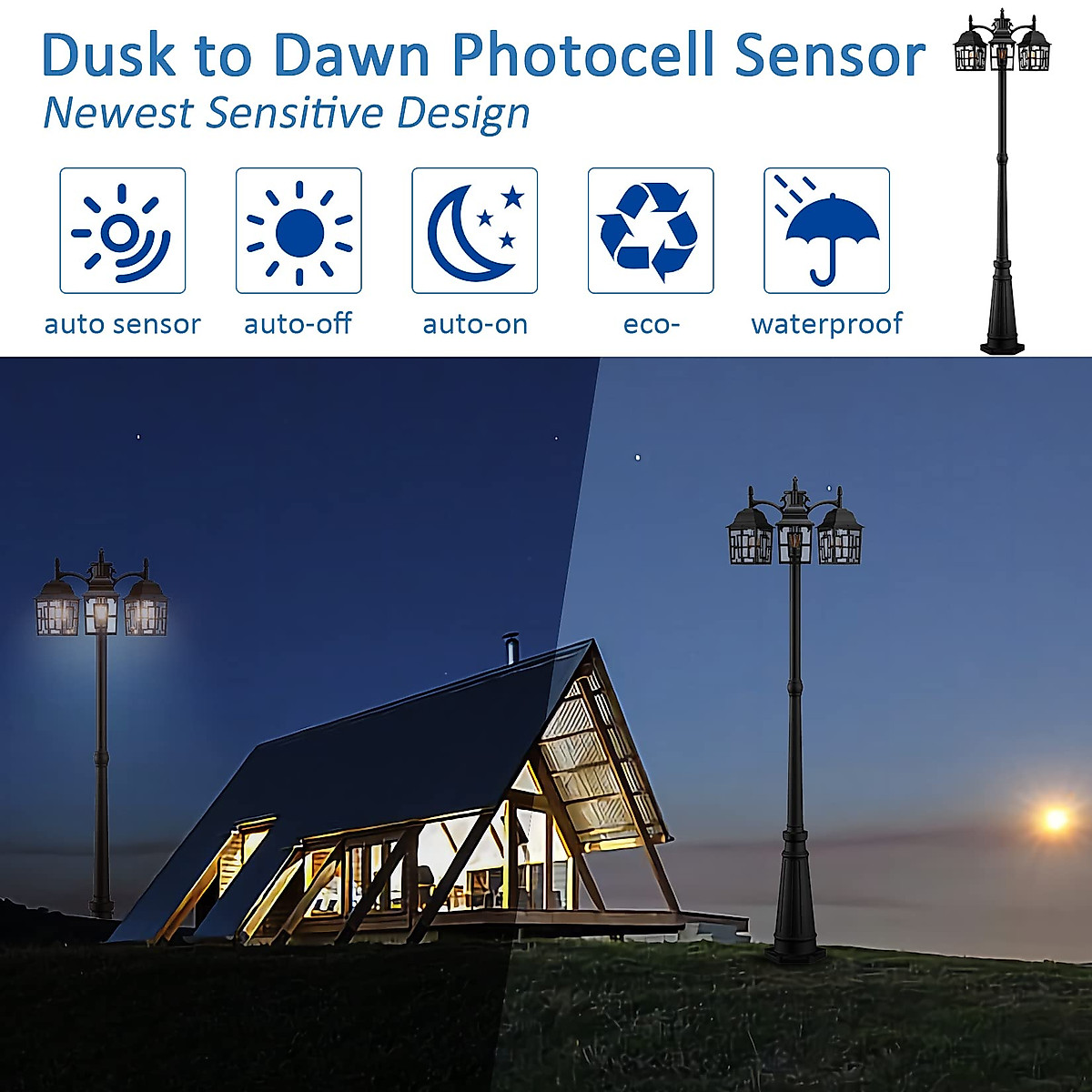 Ralbay Dusk to Dawn Sensor Outdoor Post Light, 3 Light lamp Post Street Light, Matte Black Outdoor Post Lighting Waterproof Pole Lights, 76.77" Outside Lamp Post Light for Backyard Garden