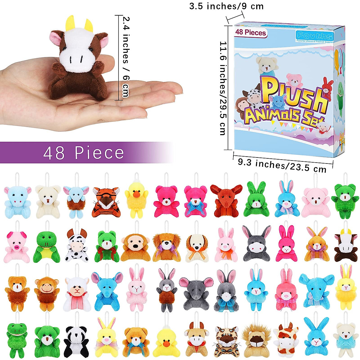 Fovths 48 Pieces Mini Plush Animals Toys Set Lovely Small Stuffed Animal Keychain Decor for Easter Hunts, Party Favors, Carnival Prizes, Egg Hunt Supplies, Goodie Bag Fillers