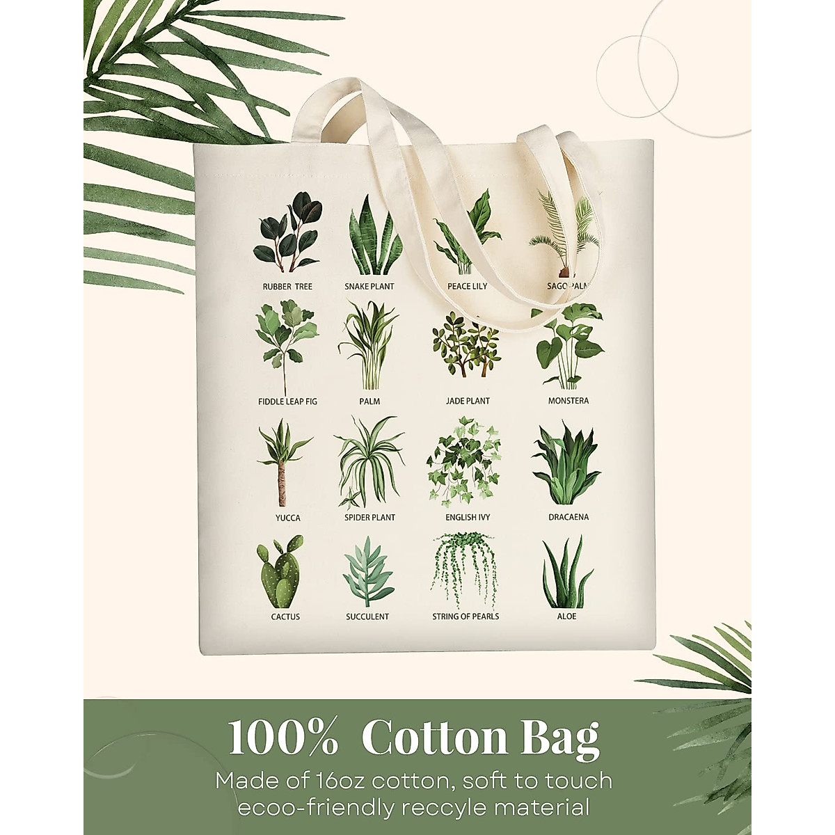 AUSVKAI Canvas Tote Bag Aesthetic for Women, Cute Trendy Green Plants Reusable Cotton Bags with Handle for Grocery College Shopping Beach