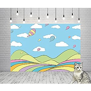 7x5ft Birthday Photography Backdrops Blue Sky Balloons White Clouds Background for 1st Adventure Baby Show Table Banner Decor