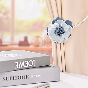SUQ I OME 2 Pack of Pearl Magnetic Flower Curtain Tieback with Handmade Flower Decorative Drapery Holdbacks Rope Holder for Home, Office,Blue