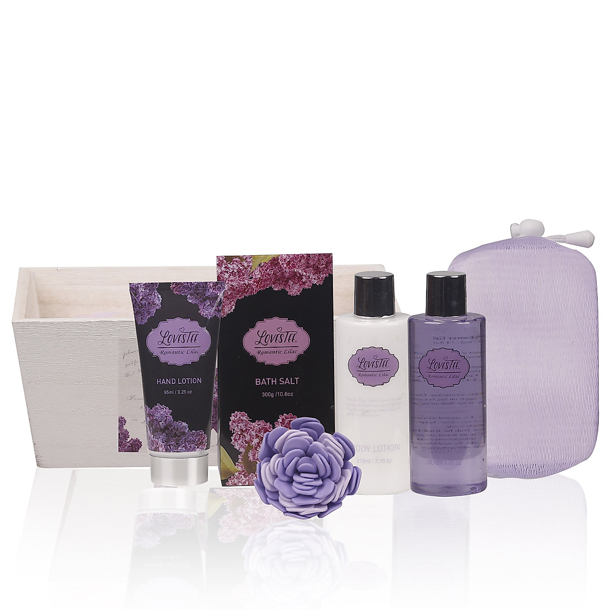 Spa Gift Basket with Lavender Fragrance and Lilac Color - Bath and Body Set Includes Shower Gel, Body Lotion, Hand Lotion, Bath Salt, Flower Sponge and EVA Sponge
