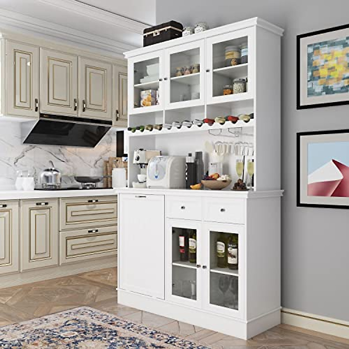 FAMAPY Kitchen Hutch Cabinet with Flip Storage for Garbage Bin, Kitchen Pantry Cabinet Cupboard with Glass Doors & Drawers, Wine Storage, Glass Holder, White (47.3”W x 15.9”D x 75.7”H)