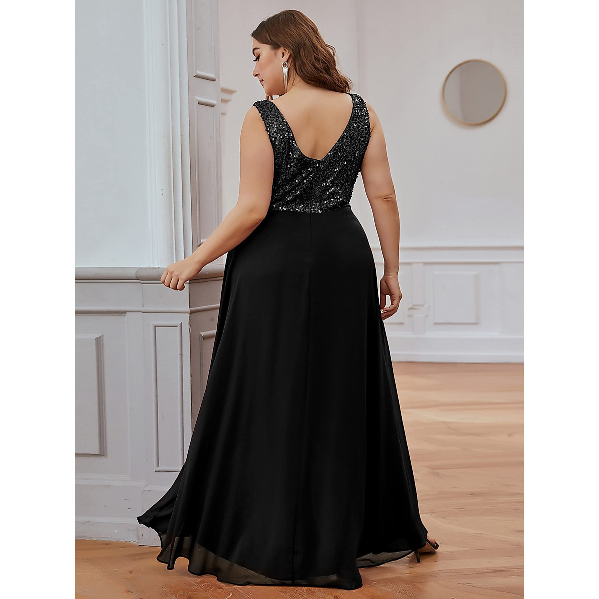 Ever-Pretty Plus Womens Plus Size Sequin V Neck Empire Waist High Low Bridesmaid Dresses Black US20