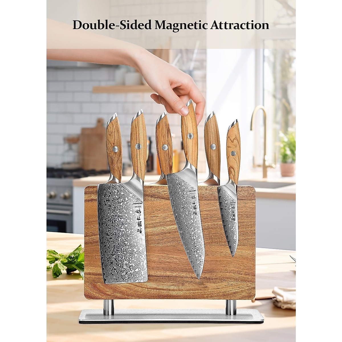 Strong Double Sided Magnetic Knife Block Without Knives, with Acacia Wood+430 Stainless Steel Base，Magnetic Universal Stands with Strong Enhanced Magnets Strip Kitchen Storage Cutlery Large Organizer