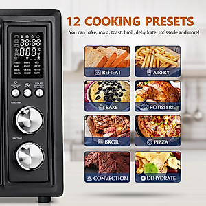 CROWNFUL Air Fryer Toaster Oven, 32 Quart Convection Roaster with Rotisserie & Dehydrator Combo Cooker, 12 Presets, Accessories and Cookbook Included, ETL Listed (Black)