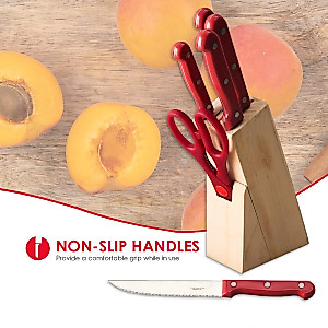 Home Basics 7 Piece Knife Set, Red | Wooden Block Included for Storage | Comfortable Grip | Non-Slip Handles | Bright Red | Heavy Duty Stainless Steel