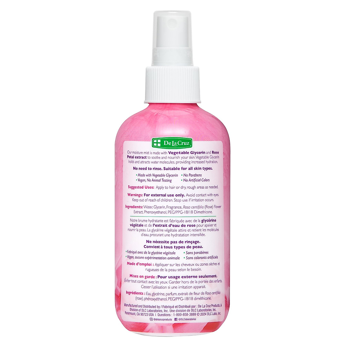 De La Cruz Rose Water and Glycerin Spray for Face - Rosewater Facial Toner and Moisturizer Mist for Skin and Hair 8 fl oz (236 mL)