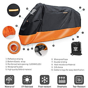 XYZCTEM Motorcycle Cover – All Season Waterproof Outdoor Protection – Fit up to 116 inch Tour Bikes, Choppers and Cruisers – Protect Against Dust, Debris, Rain and Weather(XXXL,Black& Orange)