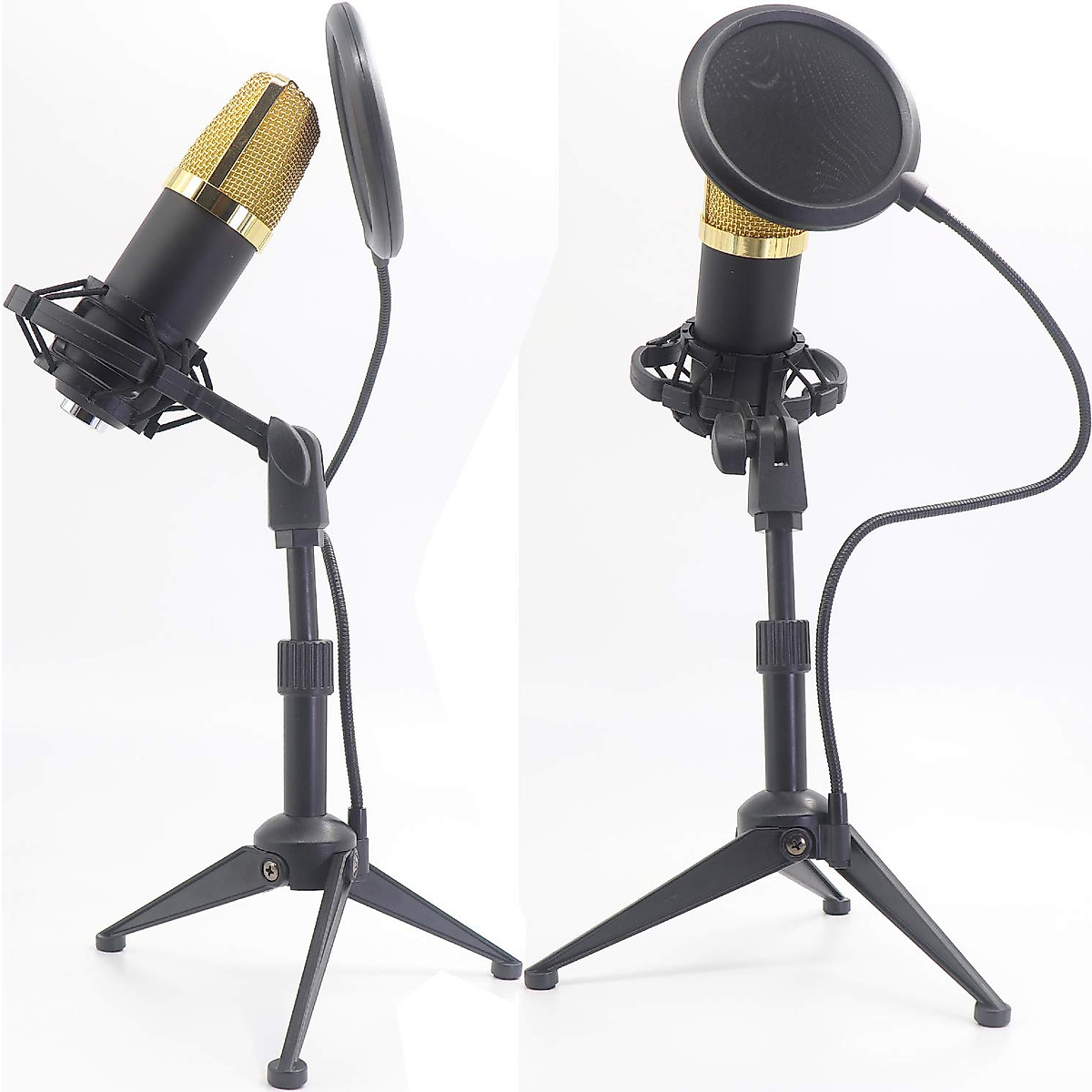 Desktop Microphone Tripod Suspension Stand with Shock Mount Anti-Vibration Mic Holder and 4" Round Mask Shield Double-Net Wind Screen Pop Filter (Large, Black)