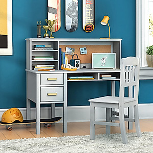 Guidecraft Taiga Desk, Hutch and Chair - Gray: Kids Wooden Computer Study Desk Set with Storage Shelves, Corkboard, and Drawers |Children's Bedroom Activity Table
