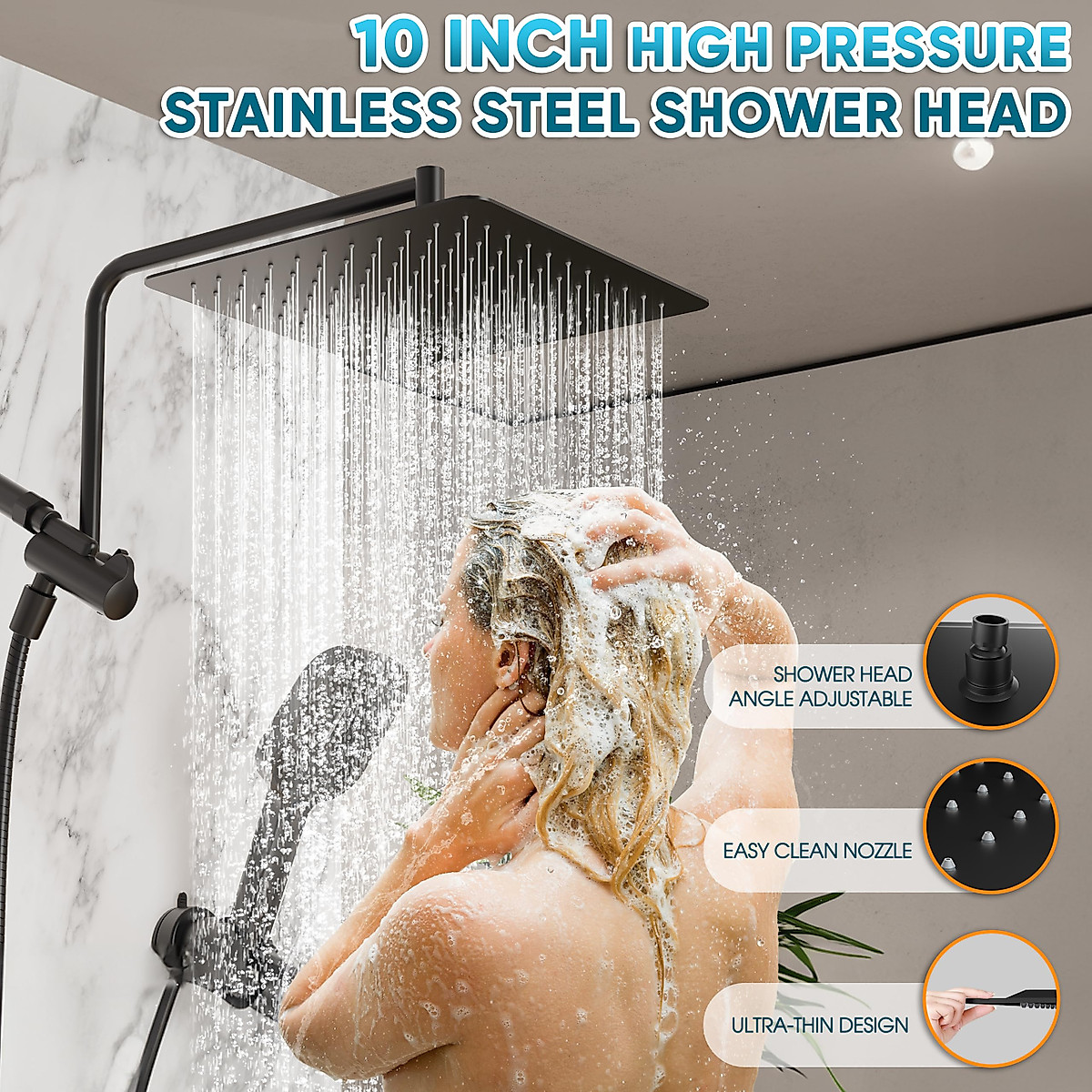 Esnbia Rain Shower Heads with Handheld Spray Combo, 10 Inch High Pressure Rainfall Shower Head with 11" Extension Arm, 3 Setting Handheld Shower Head with Suction Cup Shower Holder, Matte Black