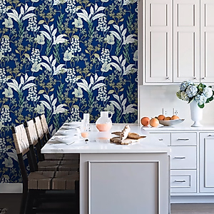 Yasinet Peel and Stick Wallpaper Boho Blue Wallpaper Removable Floral Self-Adhesive Contact Paper Vintage Blue Wallpaper for Walls Bedroom Vinyl Rolls 15.75inch × 78.7 inch