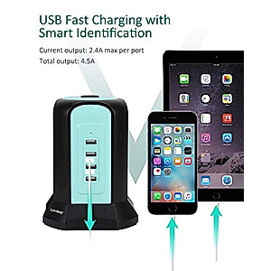 SUPERDANNY 9.8ft USB Power Strip Tower Surge Protector with 9 Outlet 4 USB 1080J Surge Protection, 2Pack, Black & Blue