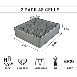 2 Pack Socks Drawer Organizer Divider, Fabric Washable Dresser Sock Storage£¬ 48 Cells Collapsible Storage Boxes for Lingerie, Underwear, Ties £¨Gray£©